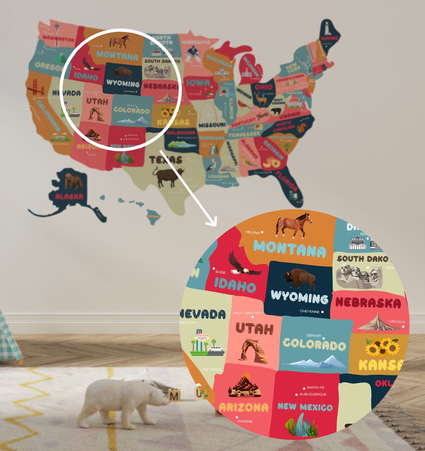 Colorful US Map with Capitals Textile Wall Decal | NulaLunaCrafts